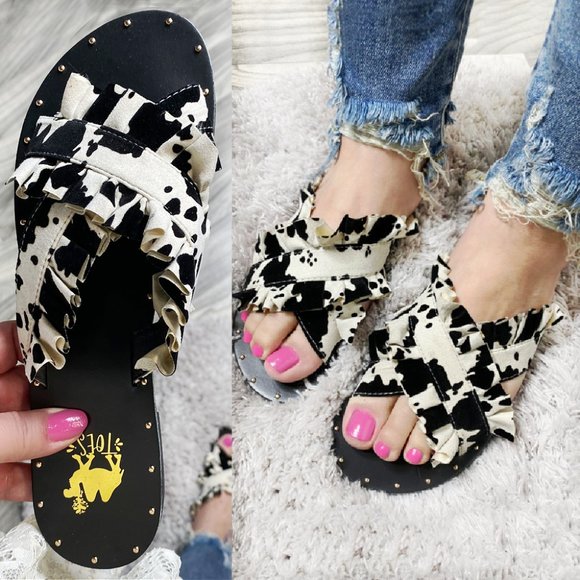 Camel Threads | Shoes | Black White Cow Print Slip On Sandals Lola Moo ...
